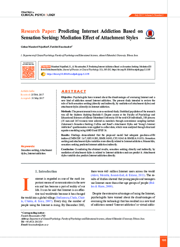 (PDF) Predicting Internet Addiction Based on Sensation Seeking: Mediation Effect of Attachment ...