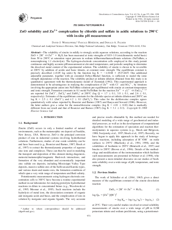 (PDF) ZnO Solubility and Zn2 Complexation by Chloride and Sulfate in ...