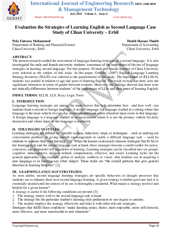 (PDF) Evaluation of the Strategies of Learning English as Second ...