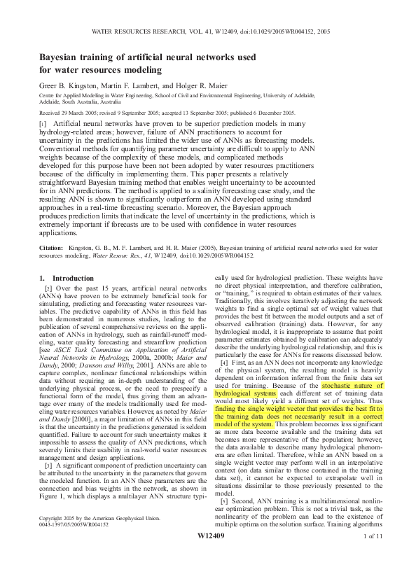 Pdf Bayesian Training Of Artificial Neural Networks Used For Water Resources Modeling