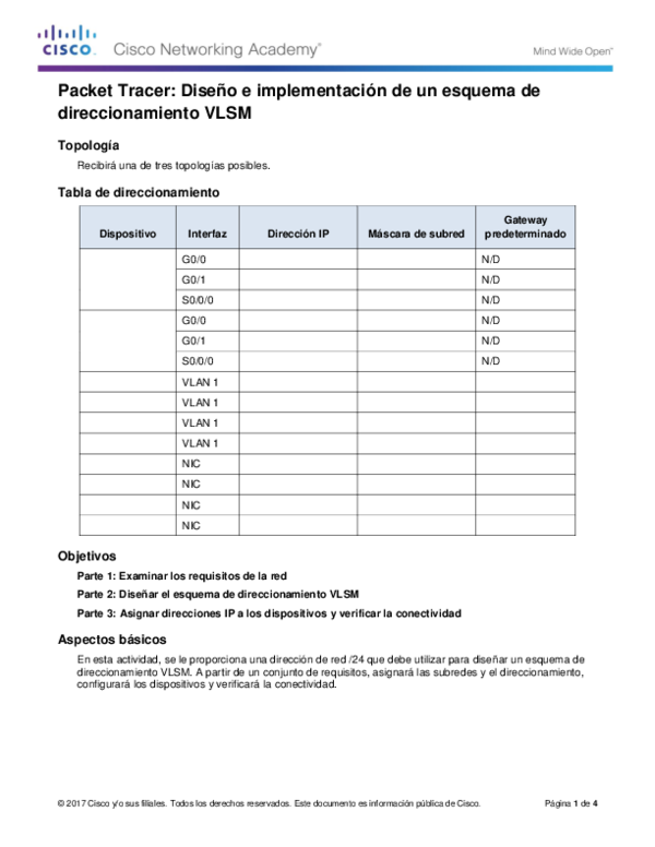 Doc 214 Packet Tracer Designing And Implementing A Vlsm Addressing Scheme