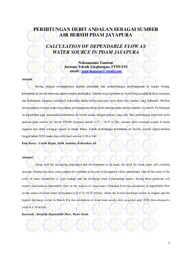 (PDF) PERHITUNGAN DEBIT ANDALAN SEBAGAI SUMBER AIR BERSIH PDAM JAYAPURA ...