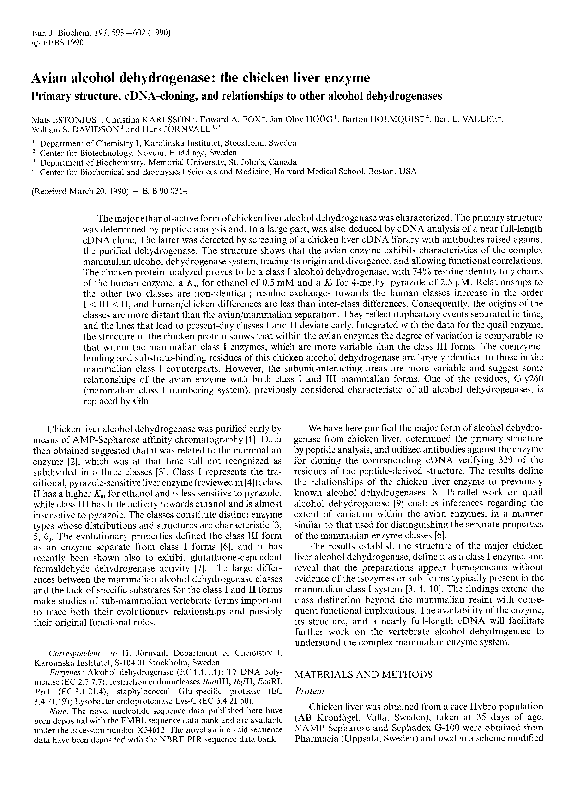 (PDF) Avian alcohol dehydrogenase: the chicken liver enzyme. Primary ...
