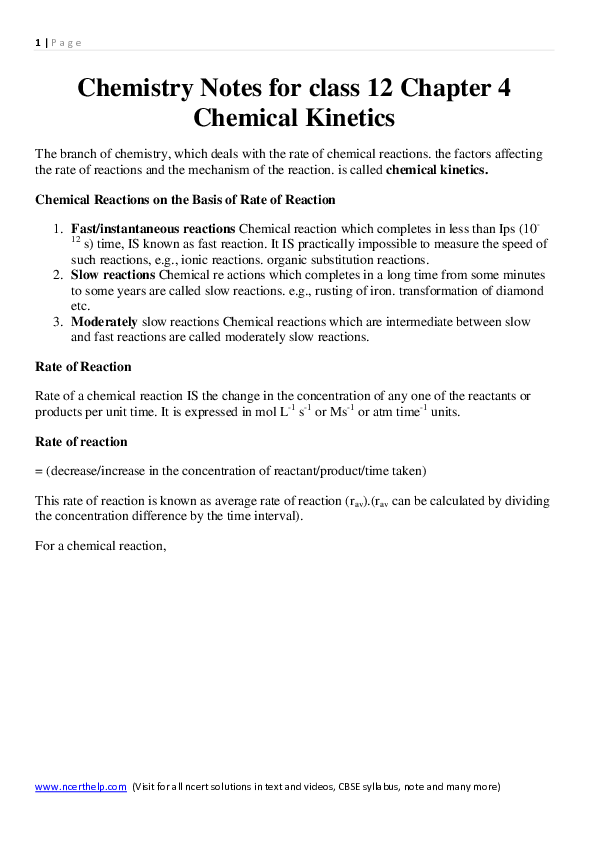 chemical kinetics ncert notes pdf