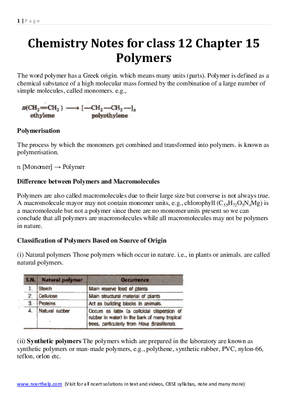 (PDF) Chemistry Notes for class 12 Chapter 15 Polymers