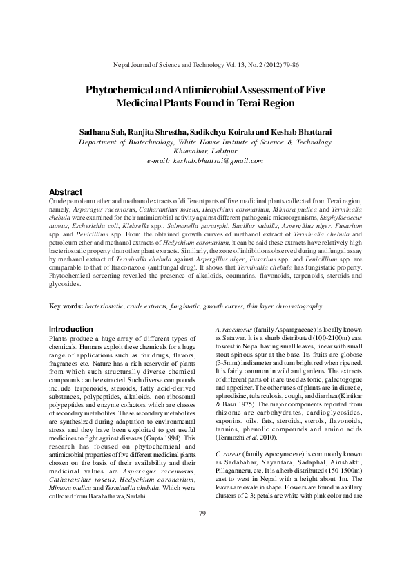 (PDF) Phytochemical and Antimicrobial Assessment of Five Medicinal Plants Found in Terai Region