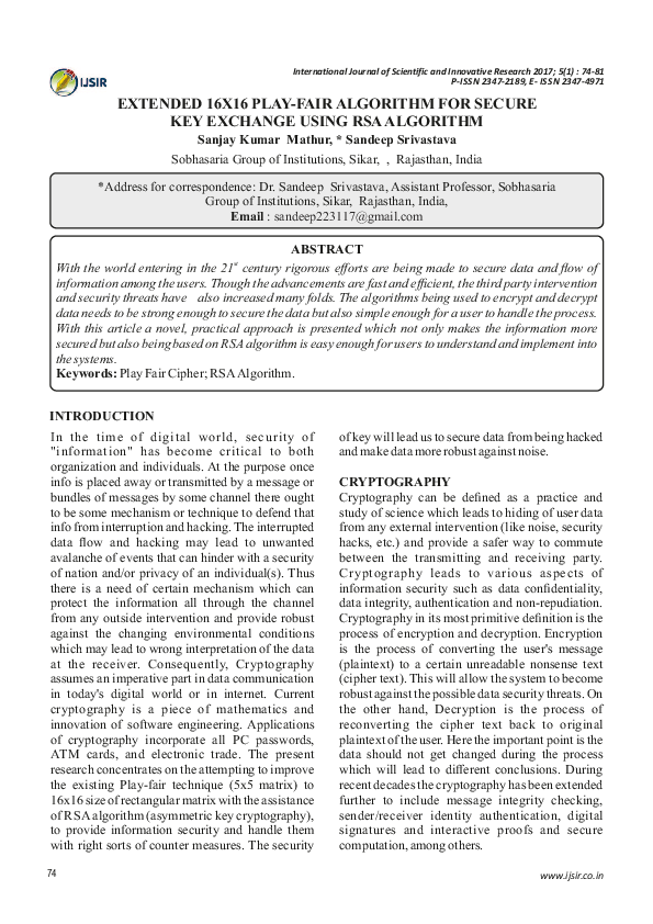 (PDF) EXTENDED 16X16 PLAY-FAIR ALGORITHM FOR SECURE KEY EXCHANGE USING RSA ALGORITHM