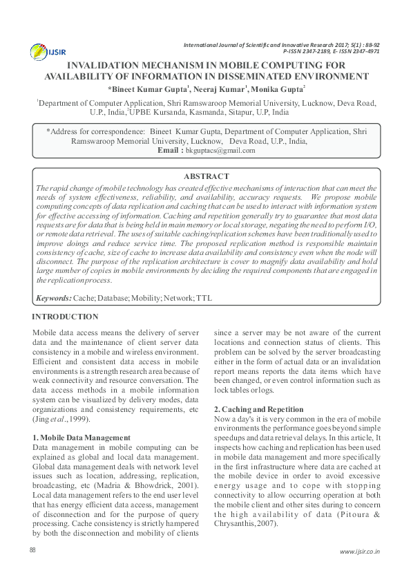 (PDF) INVALIDATION MECHANISM IN MOBILE COMPUTING FOR AVAILABILITY OF INFORMATION IN DISSEMINATED ...