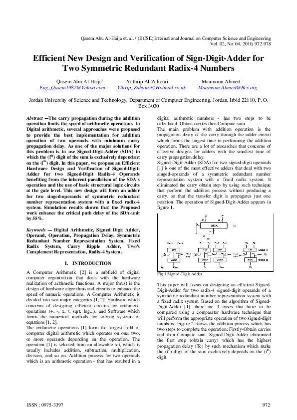 (PDF) Efficient New Design and Verification of Sign-Digit-Adder for Two ...