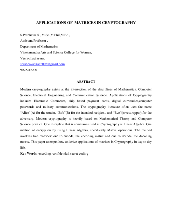 Doc Applications Of Matrices In Cryptography 4139