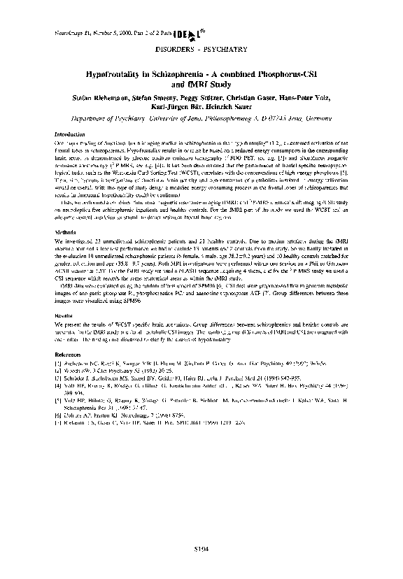 (PDF) Hypofrontality in schizophrenia — A combined phosphorus-CSI and ...