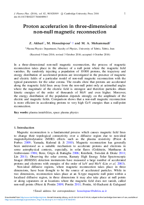 (PDF) Proton acceleration in three-dimensional non-null magnetic reconnection