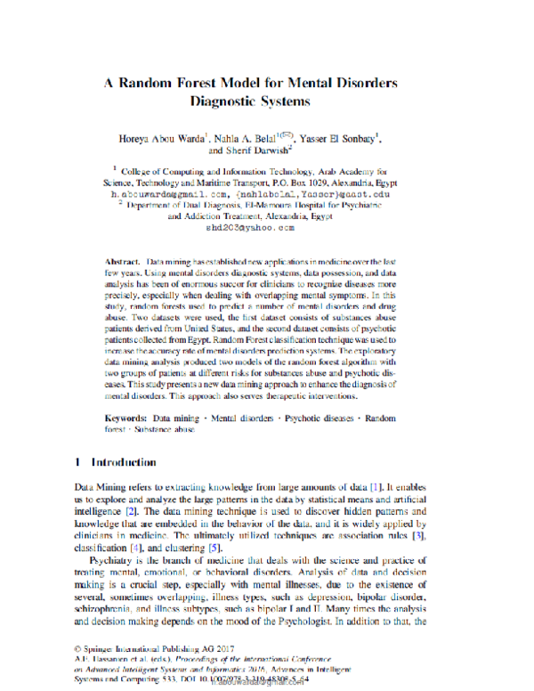 (PDF) A Random Forest Model for Mental Disorders Diagnostic Systems