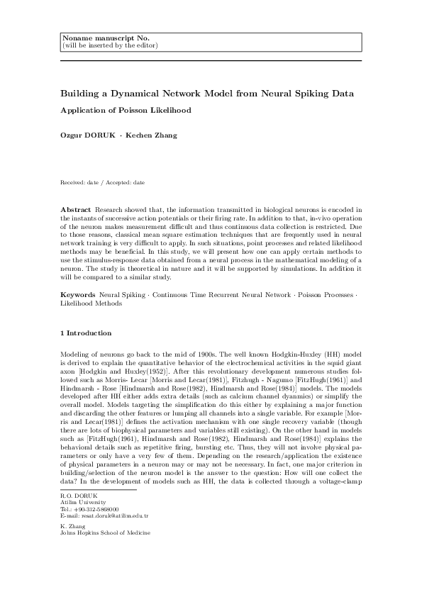Pdf Building A Dynamical Network Model From Neural Spiking Data