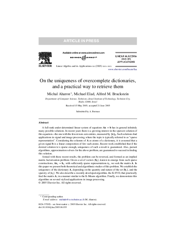 (PDF) On the uniqueness of overcomplete dictionaries, and a practical way to retrieve them