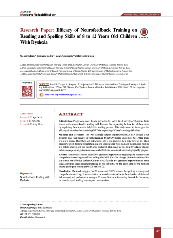 (PDF) Efficacy of Neurofeedback Training on Reading and Spelling Skills ...