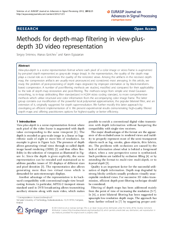 (PDF) Methods for depth-map filtering in view-plus-depth 3D video representation | Atanas ...