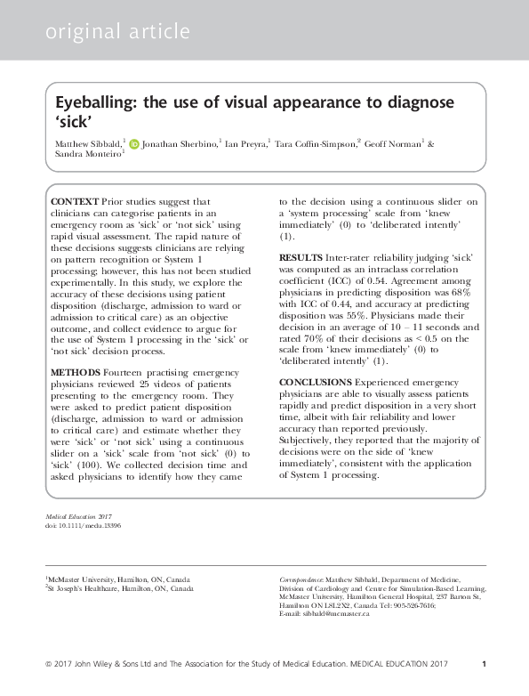 (PDF) Eyeballing: the use of visual appearance to diagnose 'sick'