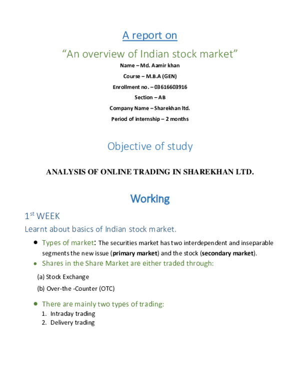 (DOC) A report on " An overview of Indian stock market " Objective of study