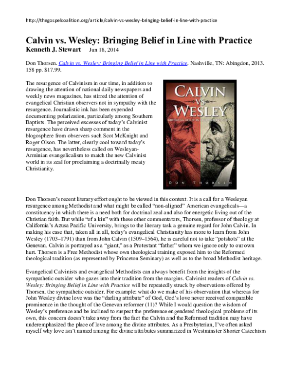 (PDF) Don Thorsen. Calvin vs Wesley: Bringing Belief in line with ...