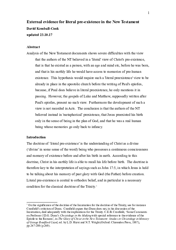 (DOC) External evidence for literal pre-existence in the New Testament