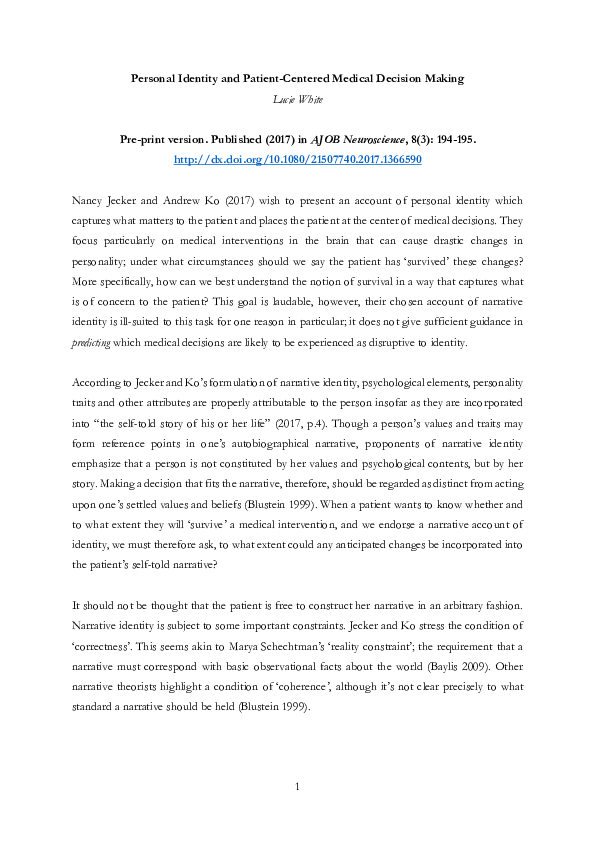 (PDF) Personal Identity and Patient-Centered Medical Decision Making