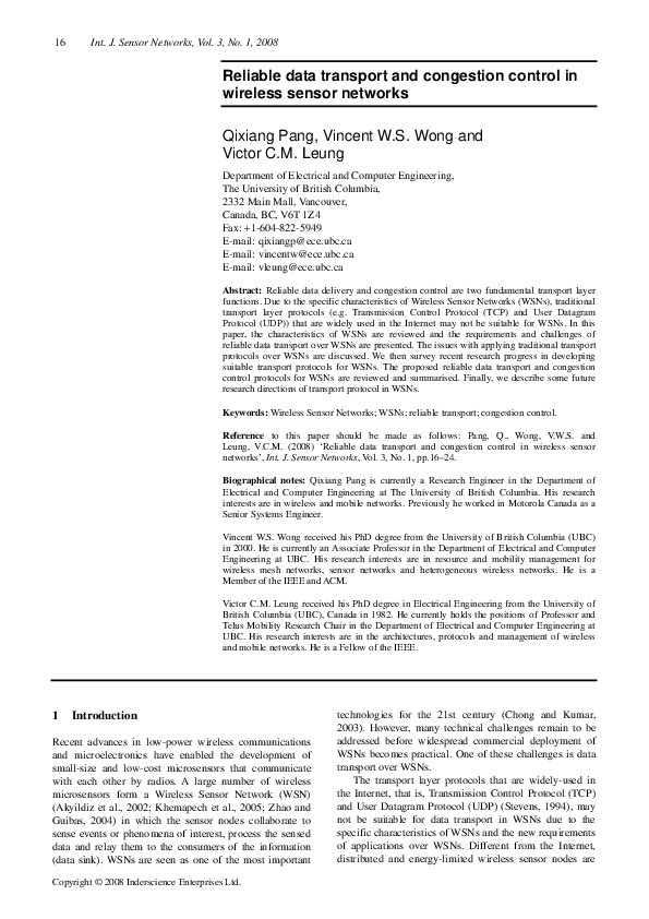 Pdf Reliable Data Transport And Congestion Control In Wireless Sensor Networks Qixiang Pang