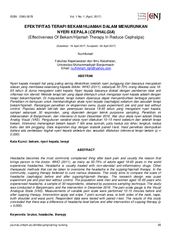 (PDF) EFEKTIFITAS TERAPI BEKAM/HIJAMAH DALAM MENURUNKAN NYERI KEPALA ...