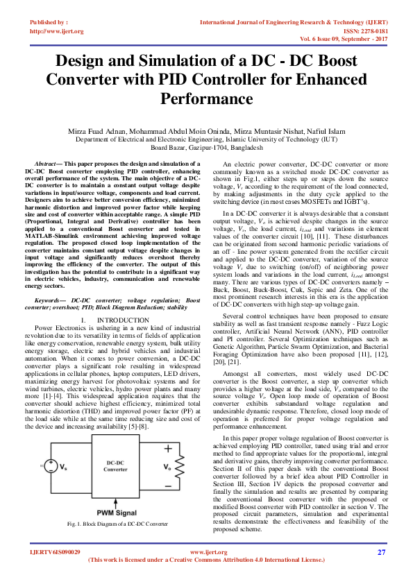Pdf Design And Simulation Of A Dc Dc Boost Converter With Pid Controller For Enhanced Performance