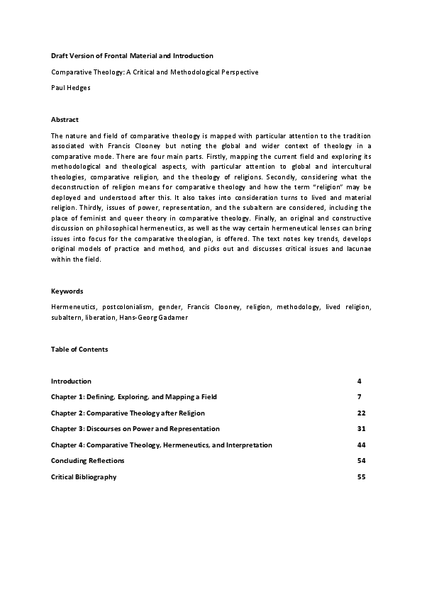 Pdf Comparative Theology A Critical And Methodological Perspective