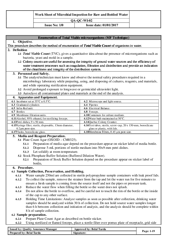 (PDF) Work Sheet of Microbial Inspection for Raw and Bottled Water