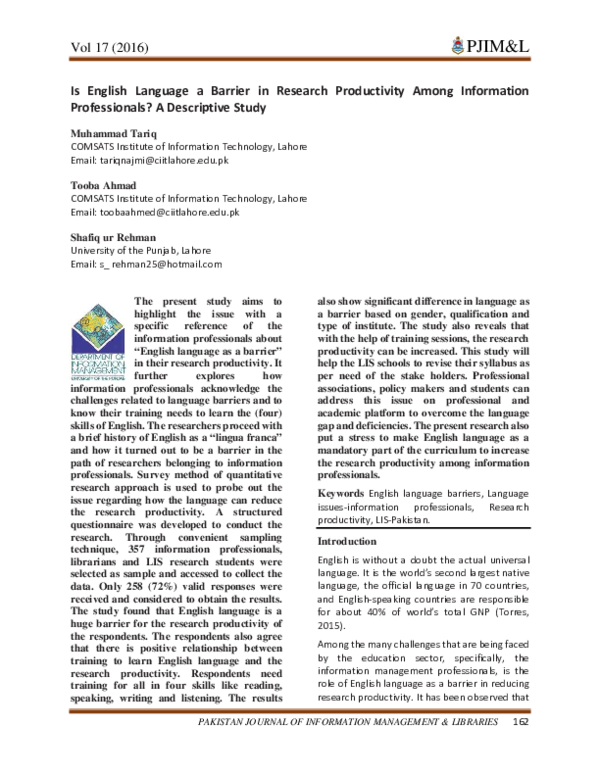 (PDF) Is English Language a Barrier in Research Productivity Among ...