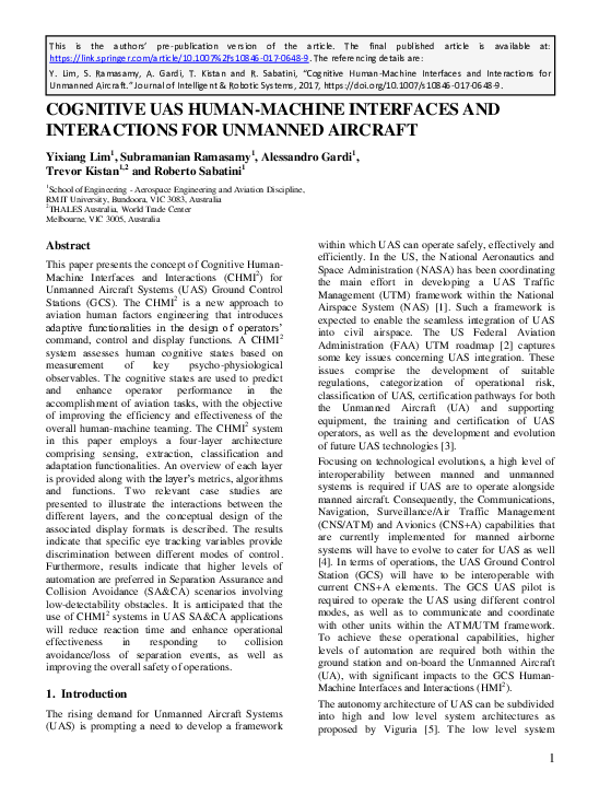 (PDF) Cognitive Human-Machine Interfaces and Interactions for Unmanned Aircraft