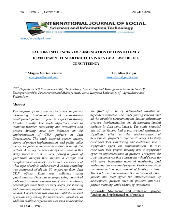 (PDF) FACTORS INFLUENCING IMPLEMENTATION OF CONSTITUENCY DEVELOPMENT ...