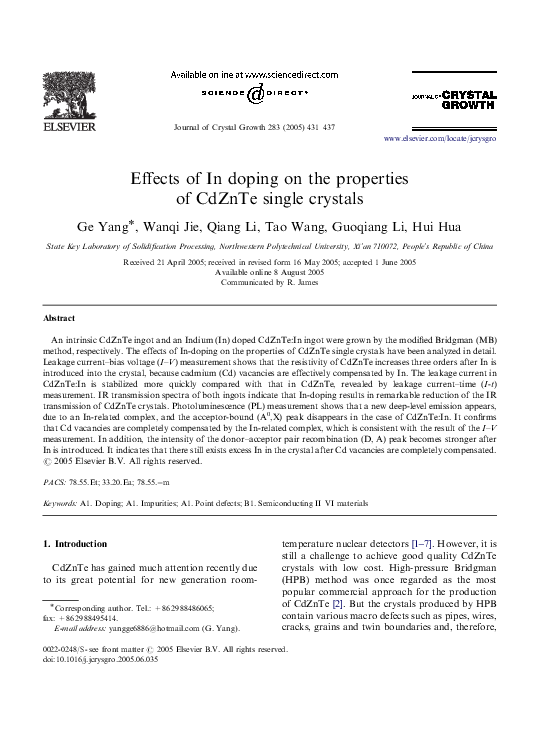 (PDF) Effects of In doping on the properties of CdZnTe single crystals