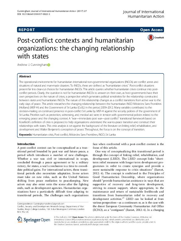 (PDF) Post-conflict contexts and humanitarian organizations: the ...