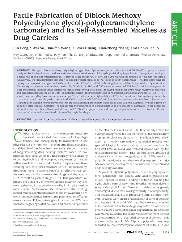 (PDF) Facile Fabrication of Diblock Methoxy Poly(ethylene glycol)-poly(tetramethylene carbonate ...