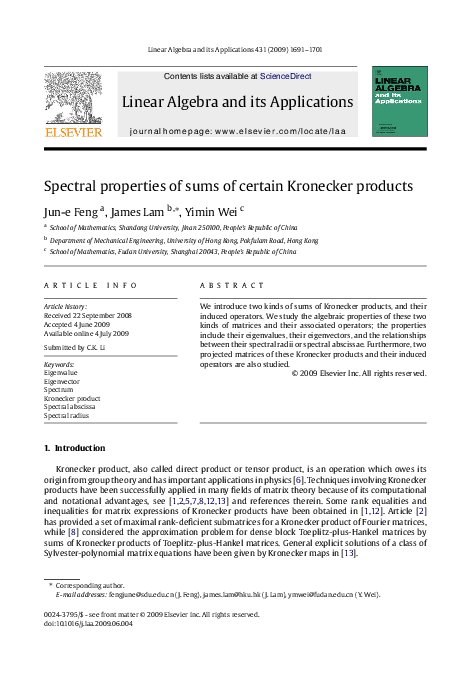 (PDF) Spectral properties of sums of certain Kronecker products | JUN FENG - Academia.edu