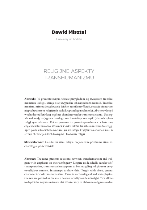 (PDF) Religijne aspekty transhumanizmu [Religious Aspects of Transhumanism]