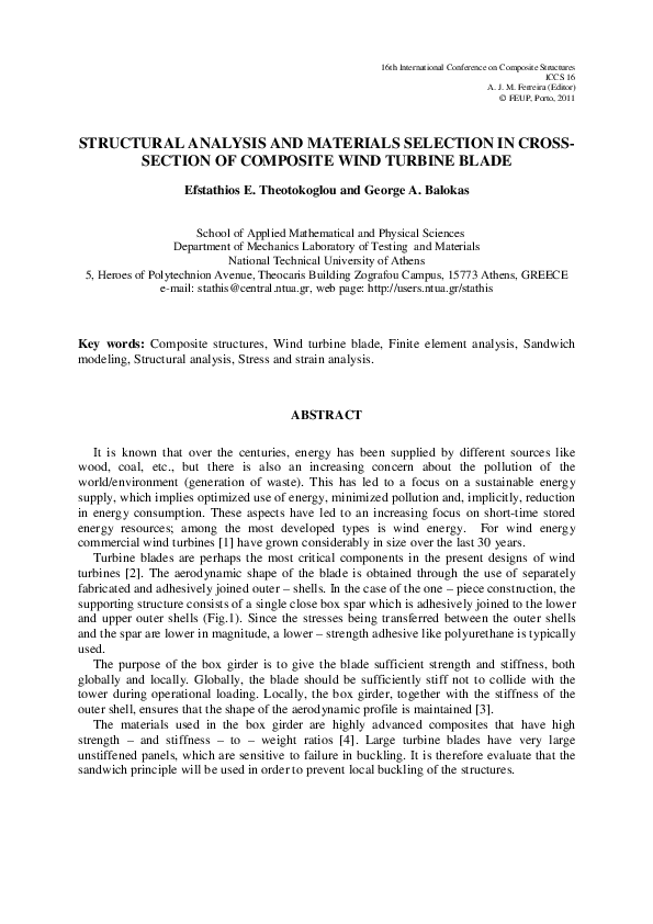 (PDF) STRUCTURAL ANALYSIS AND MATERIALS SELECTION IN CROSS-SECTION OF COMPOSITE WIND TURBINE BLADE