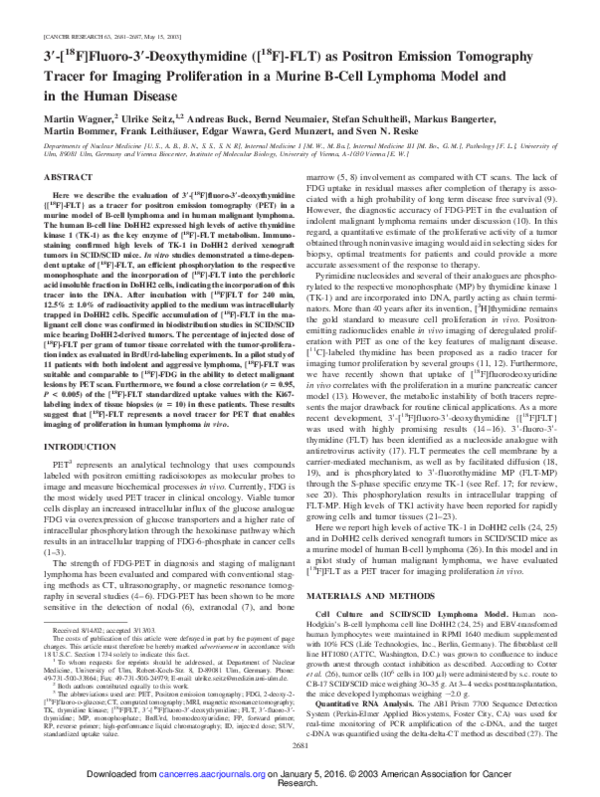 (PDF) 3′-[18F] fluoro-3′-deoxythymidine ([18F]-FLT) as positron ...
