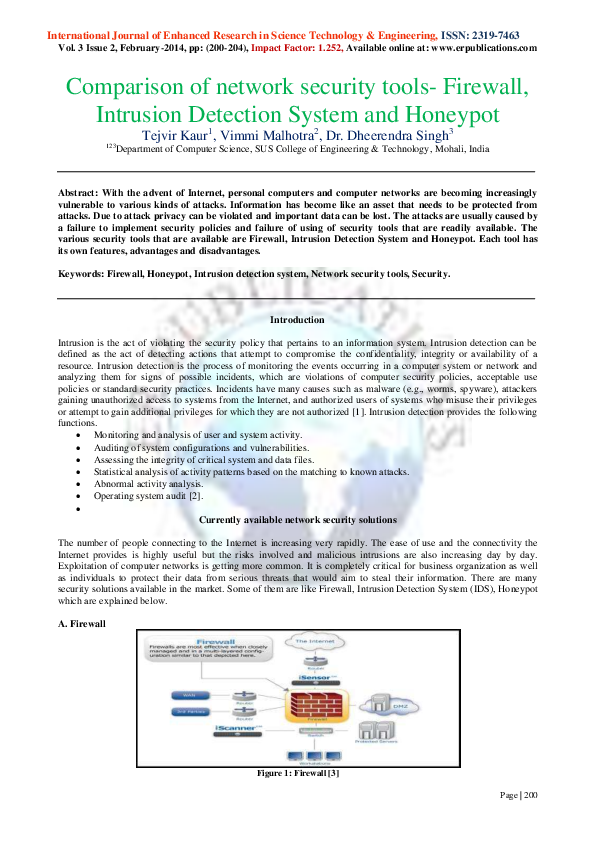 (PDF) Comparison of network security tools-Firewall, Intrusion Detection System and Honeypot
