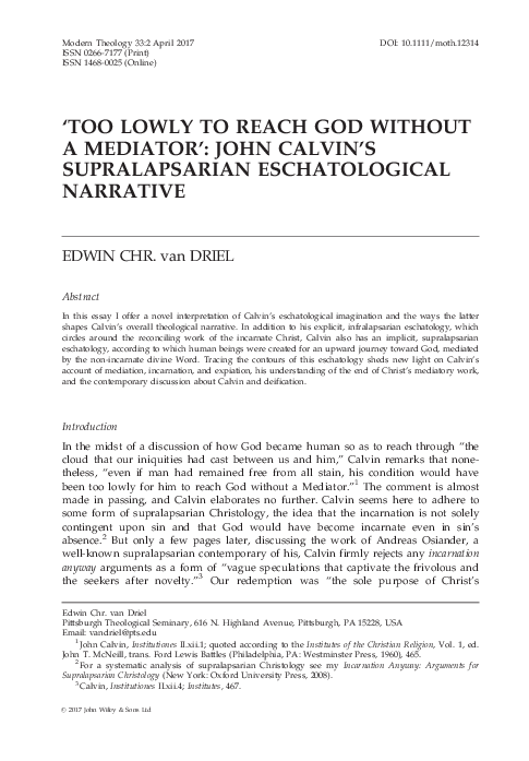 (PDF) 'Too lowly to reach God without a mediator': John Calvin's ...