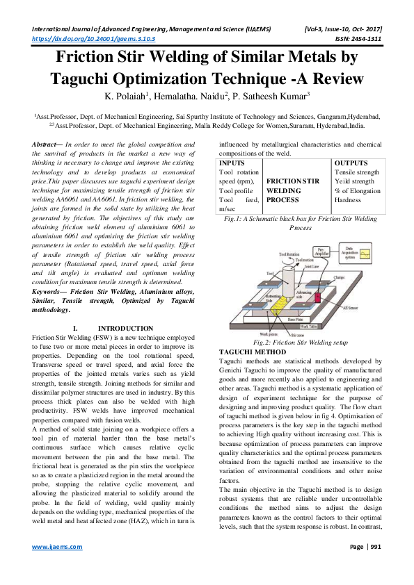 Pdf Friction Stir Welding Of Similar Metals By Taguchi Optimization
