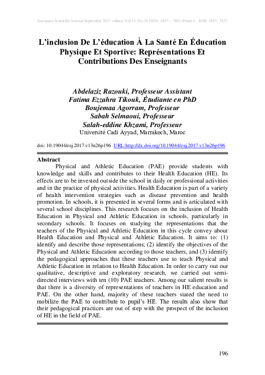 (PDF) L'inclusion De L'éducation À La Santé En Éducation Physique Et ...