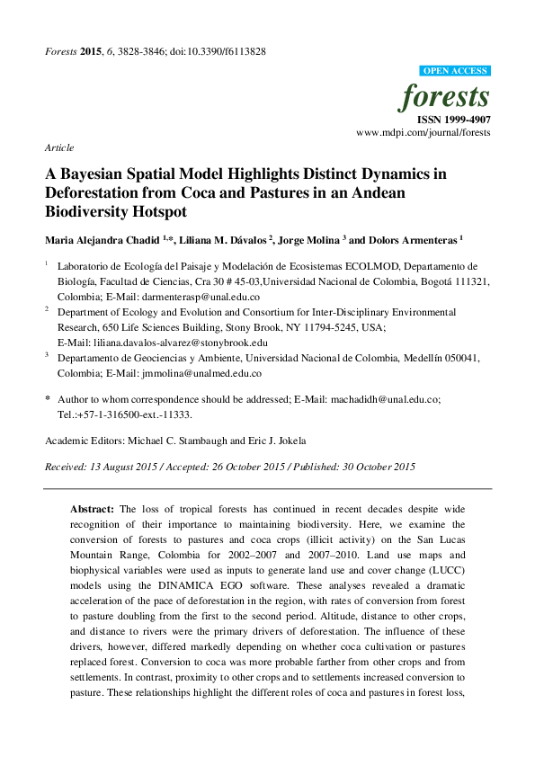 Pdf A Bayesian Spatial Model Highlights Distinct Dynamics In Deforestation From Coca And