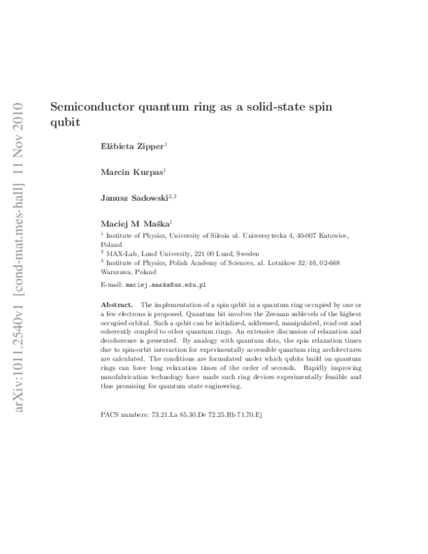 (PDF) Semiconductor quantum ring as a solid-state spin qubit | Janusz Sadowski - Academia.edu