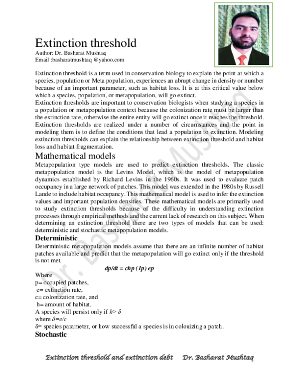 (PDF) Extinction threshold and extinction debt Extinction threshold