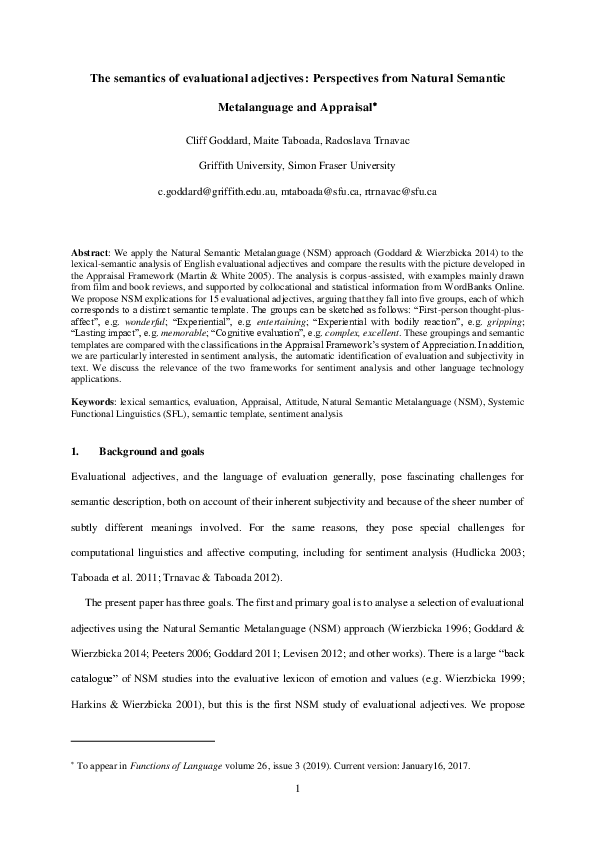(PDF) The semantics of evaluational adjectives: Perspectives from ...