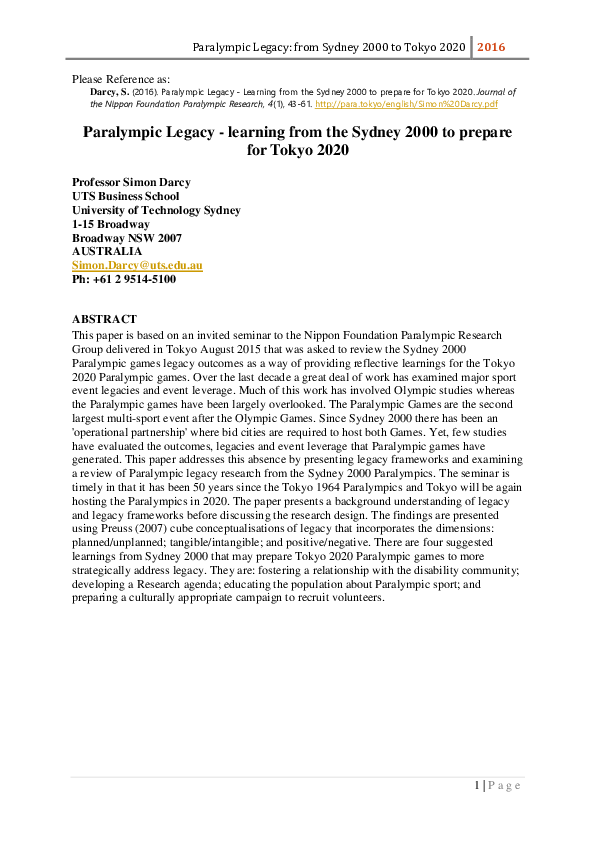 (PDF) Paralympic Legacy -learning from the Sydney 2000 to prepare for ...